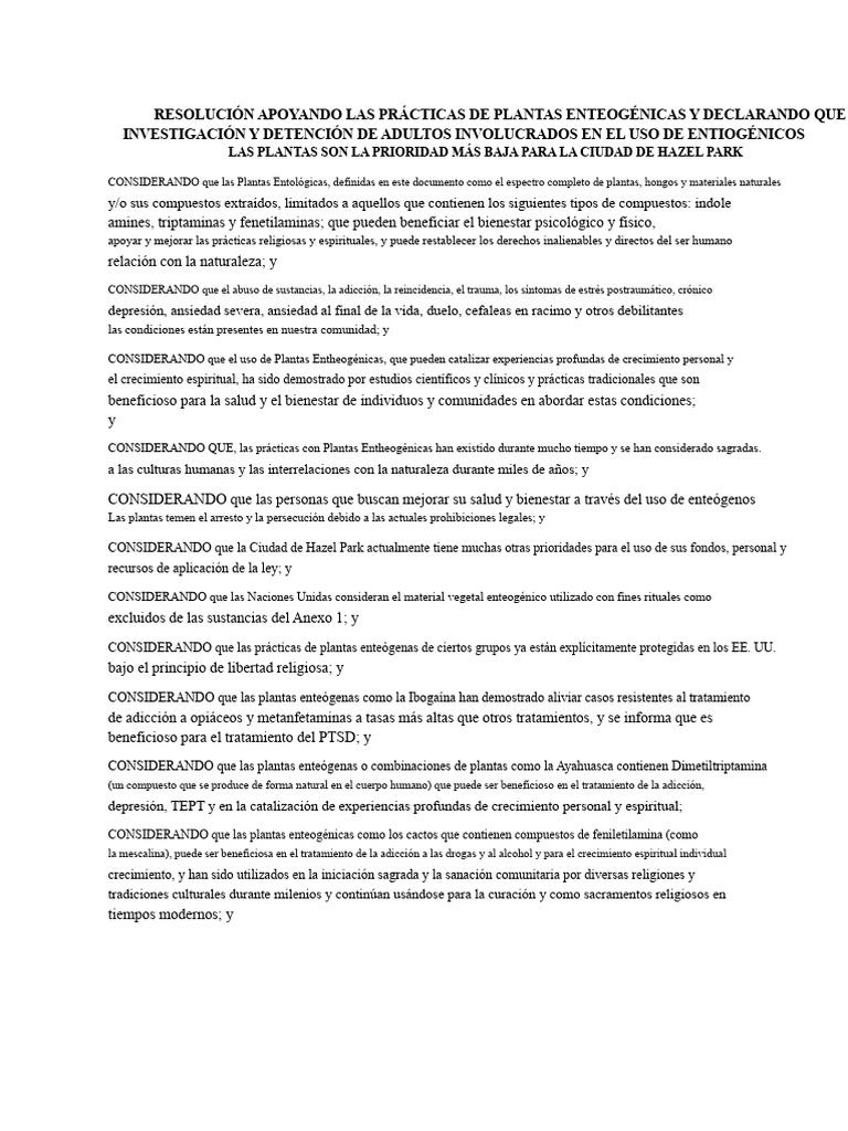 Resolución sobre Plantas Entiogénicas de Hazel Park | PDF | Enteógeno | Ansiedad