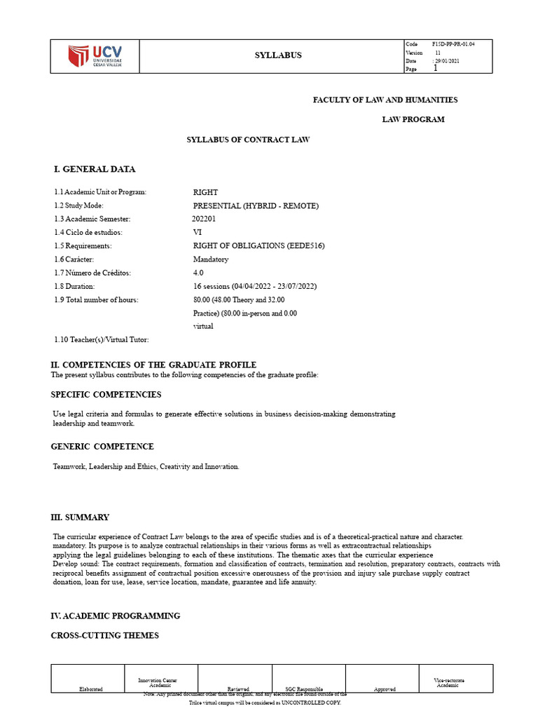 Contract Law Syllabus Overview | PDF