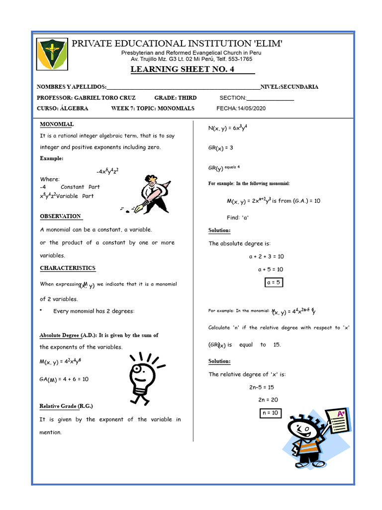 Absolute and Relative Degree of A Monomial For Third Year of Secondary ...