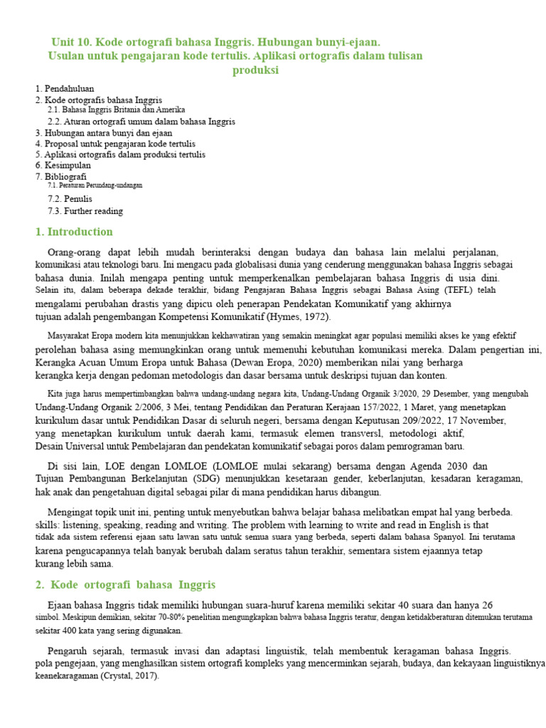 Unit 10. Kode ortografis bahasa Inggris. Hubungan suara-ejaan. Usulan untuk pengajaran kode ...