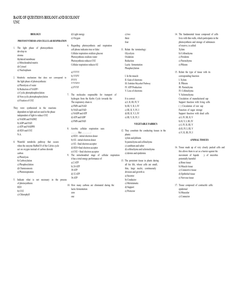 Bank of Questions Biology and Ecology | PDF | Cellular Respiration ...