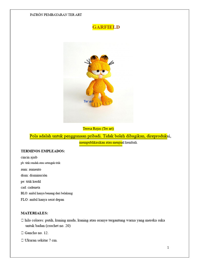 Pola Crochet Kucing Garfield Lengkap | PDF