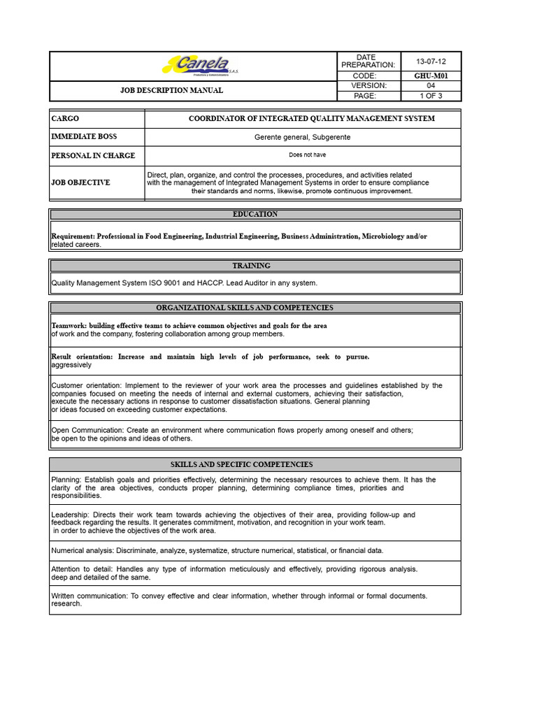 Cargo Coordinator Job Description | PDF | Quality Management System ...