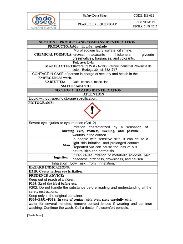 Pearl Liquid Soap Safety Data Sheet | PDF | Dangerous Goods ...