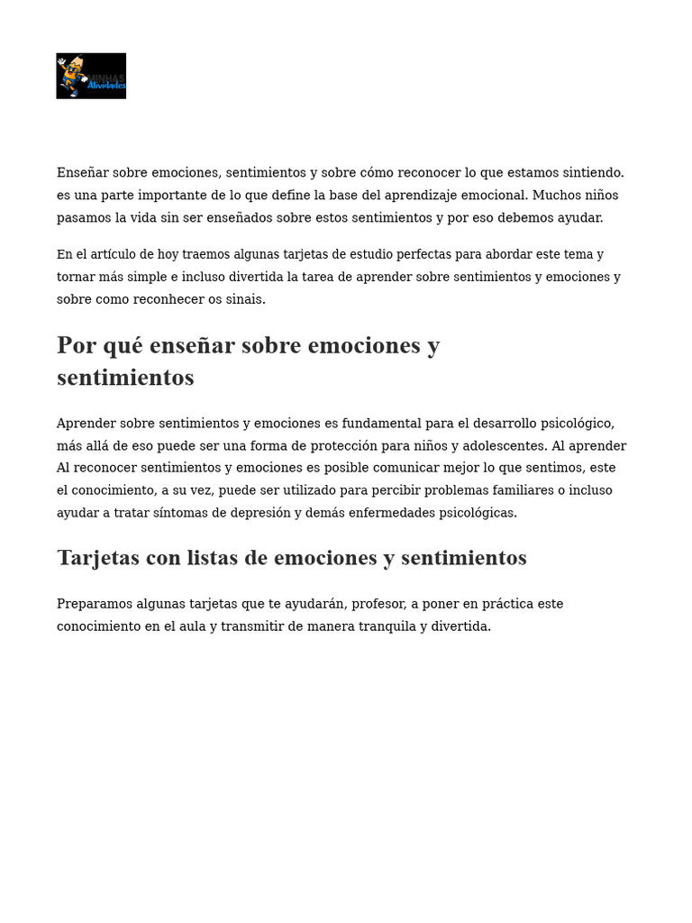 Tarjetas Con Listas de Emociones y Sentimientos para Imprimir | PDF