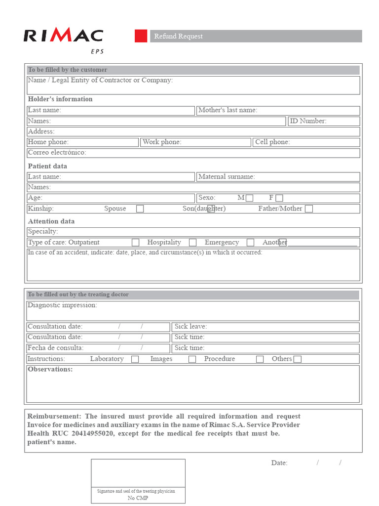 EPS Rimac Reimbursement Request | PDF