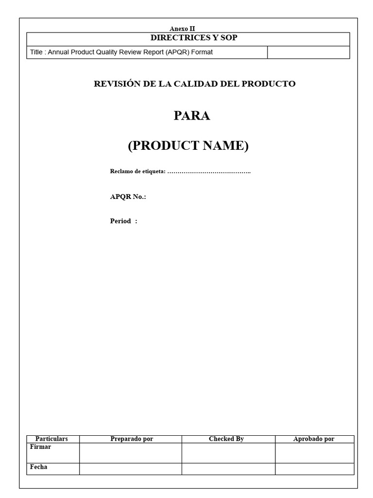 Formato de Revisión Anual de Calidad Del Producto (APQR) | PDF ...