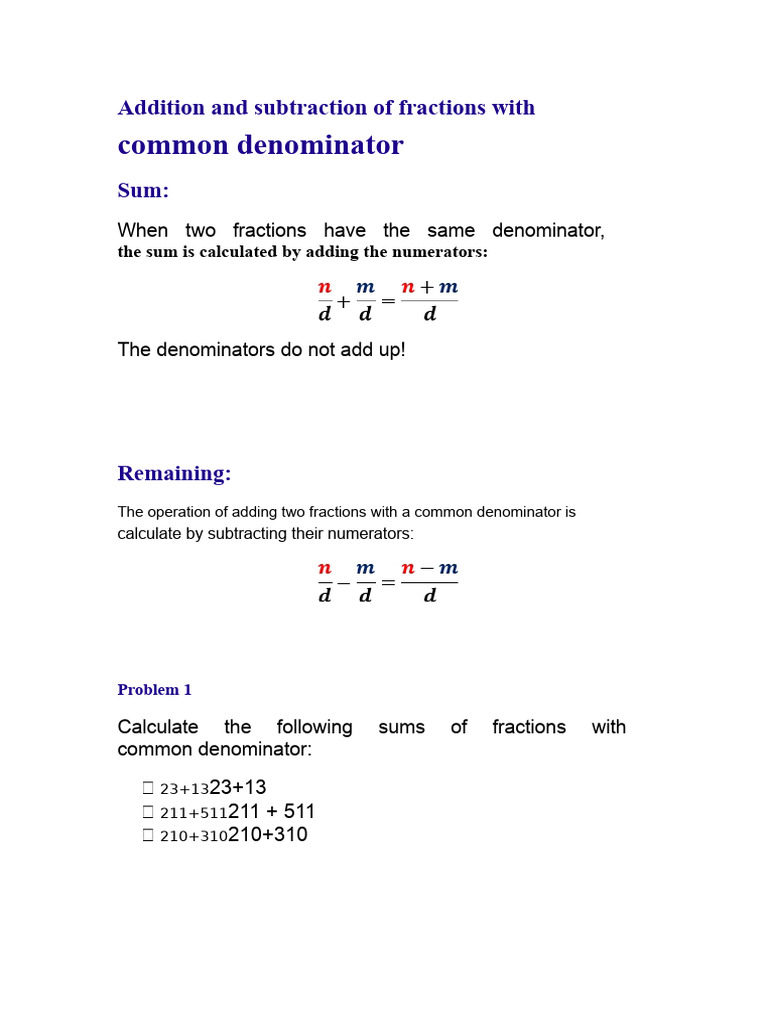 Addition and Subtraction of Fractions With A Common Denominator | PDF ...