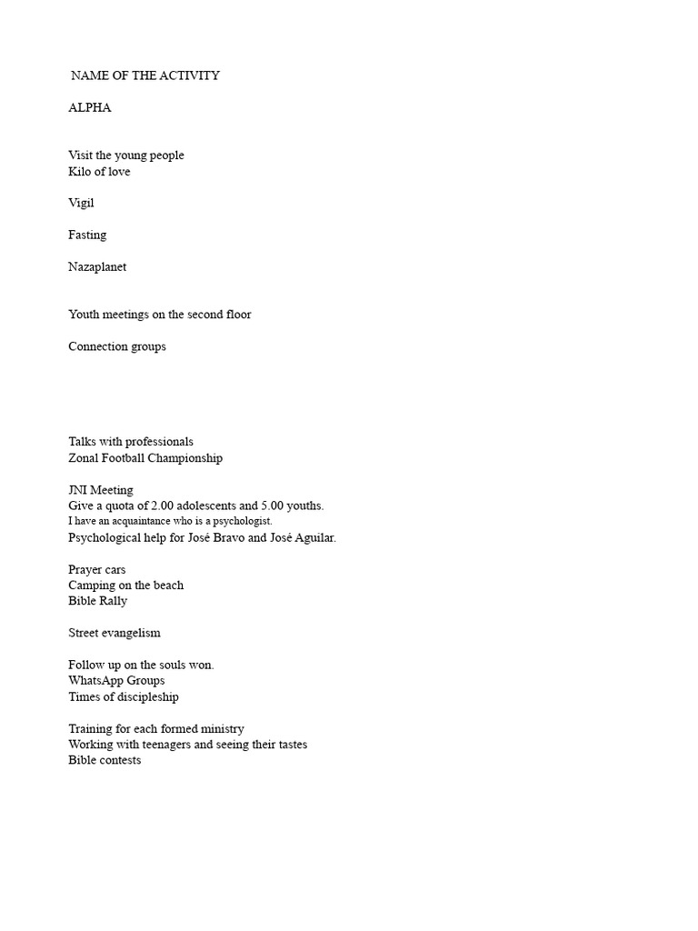 WORK PLAN ACTIVITIES JNI | PDF