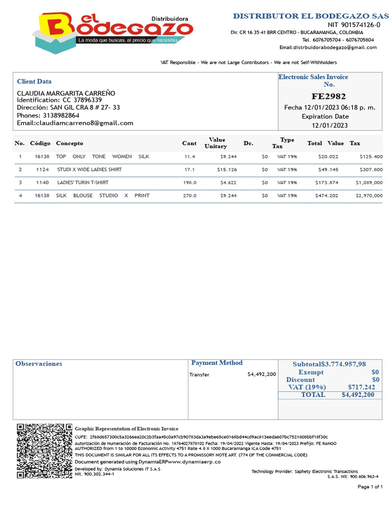 Invoice Clothing Claudia Carreño | PDF | Invoice | Value Added Tax
