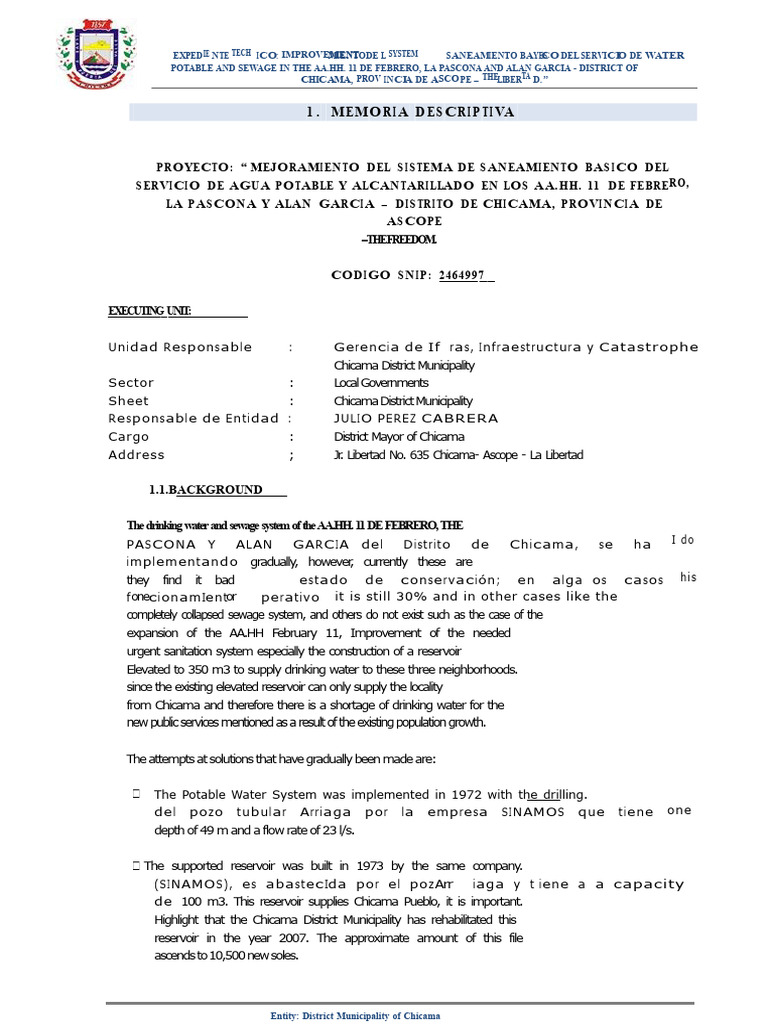 Descriptive Memo Chicama - Basic Sanitation | PDF | Sanitary Sewer | Water