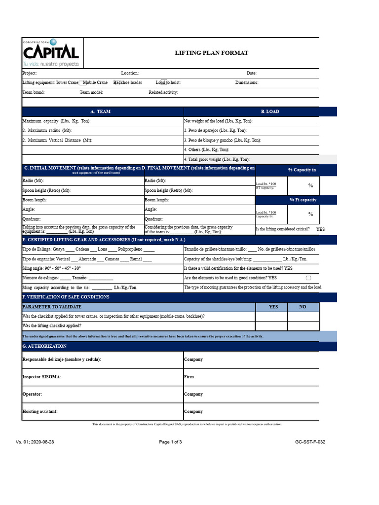 GC-SST-F-032 Load Lifting Plan Format | PDF | Crane (Machine ...