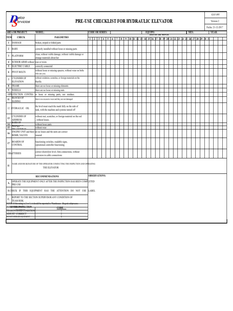 Pre-Use Checklist For Hydraulic Elevator V2 (00000002) | PDF | Elevator ...