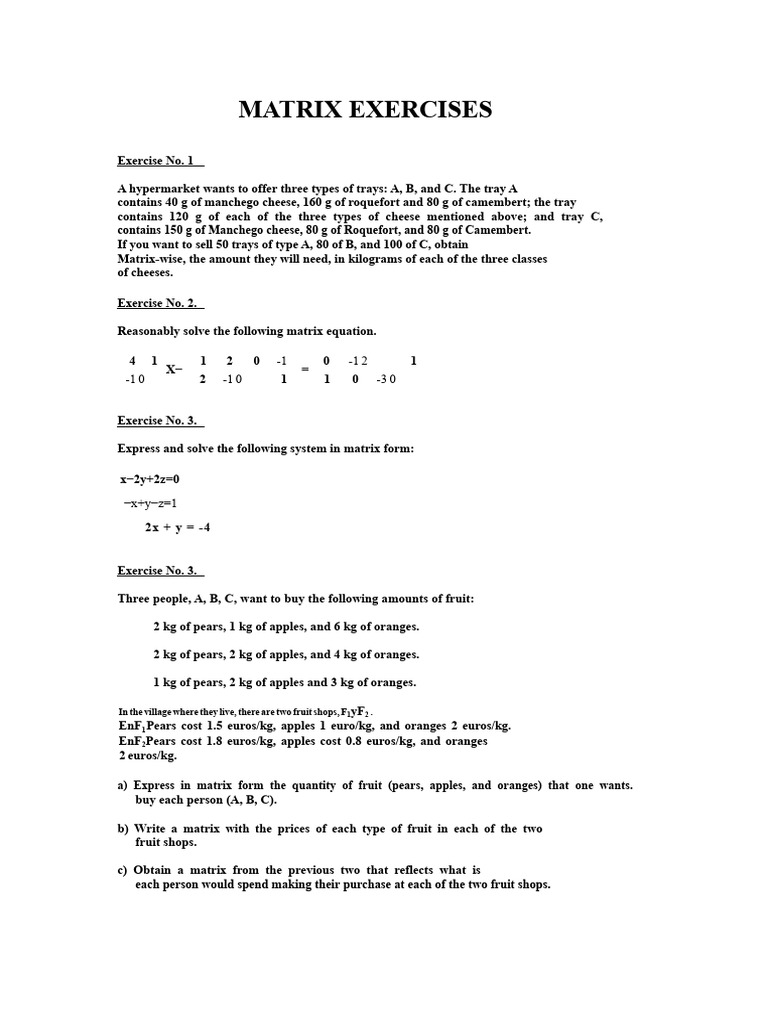 Matrix Exercises | PDF | Matrix (Mathematics) | Algebra