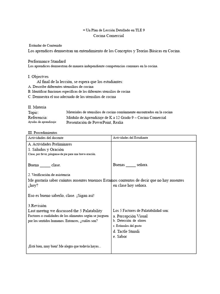 Un Plan de Lección Detallado en TLE 9 .... | PDF | Cuchara | Cocina