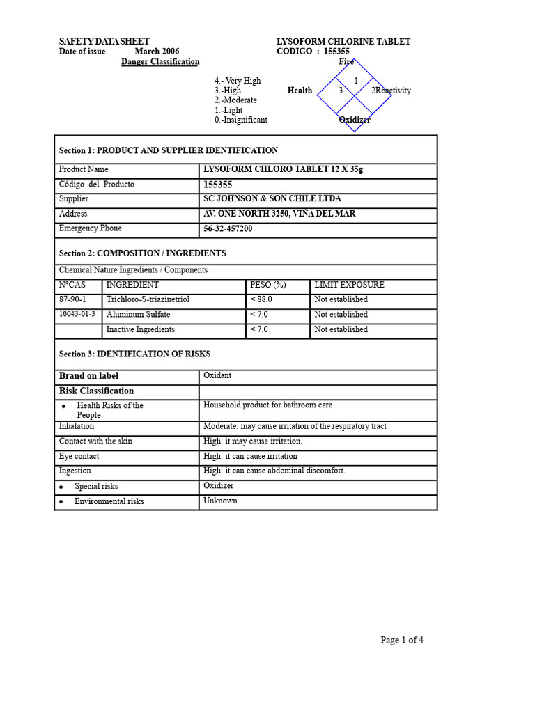Lysol Chlorine Tablet Safety Data Sheet | PDF | Safety | Occupational ...