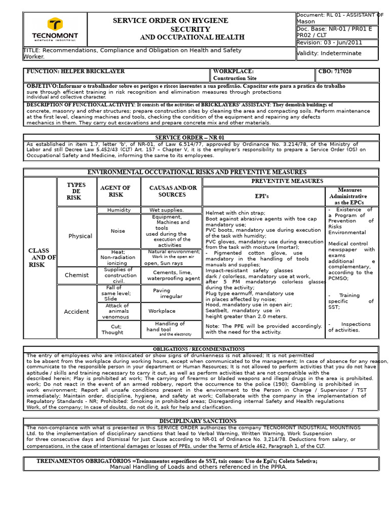 RL 01 - Mason Helper | PDF | Occupational Safety And Health
