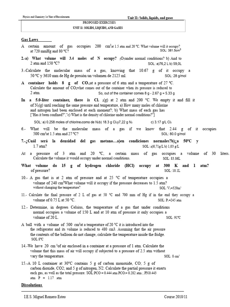 UNIT 11 SOLIDS, LIQUIDS, AND GASES. Proposed exercises | PDF | Concentration | Gases