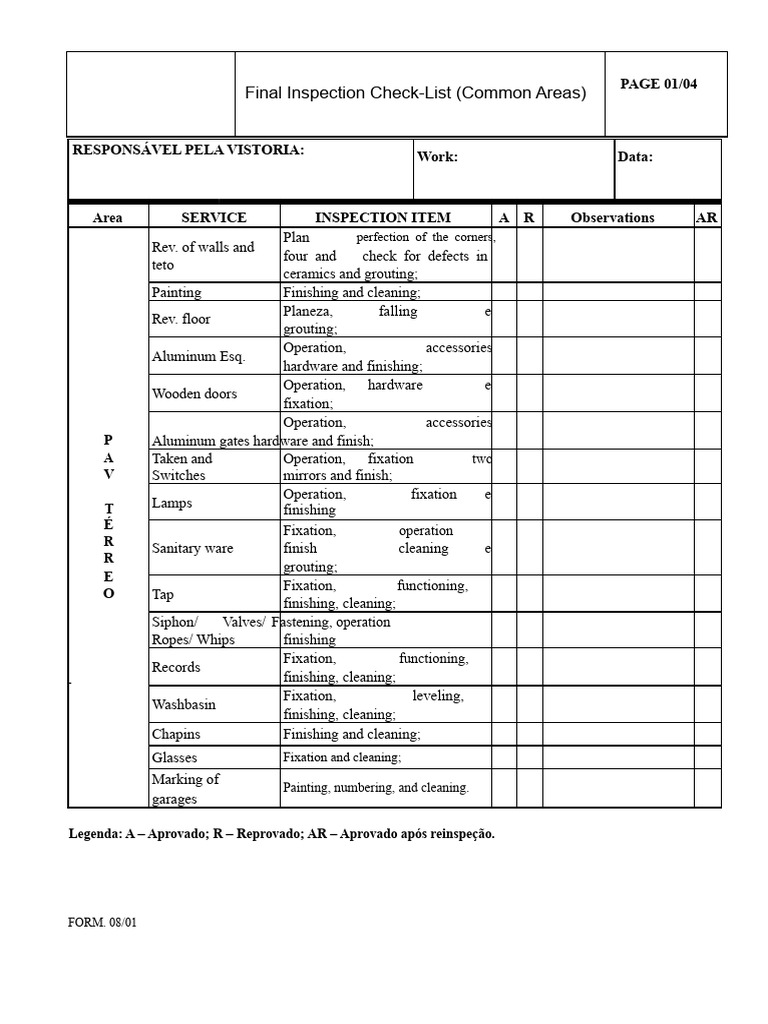 FORM. 08 V01 - Final Inspection Checklist (Common Areas) | PDF ...