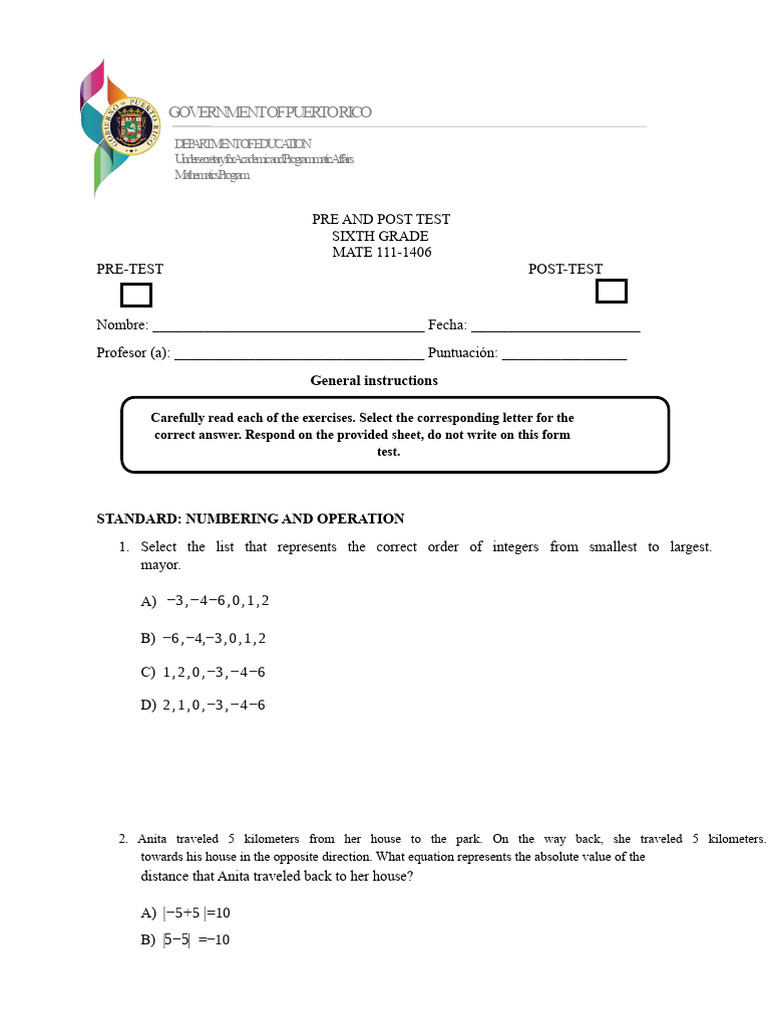 Pre-Test Sixth Grade 2022 | PDF | Rectangle | Mathematics