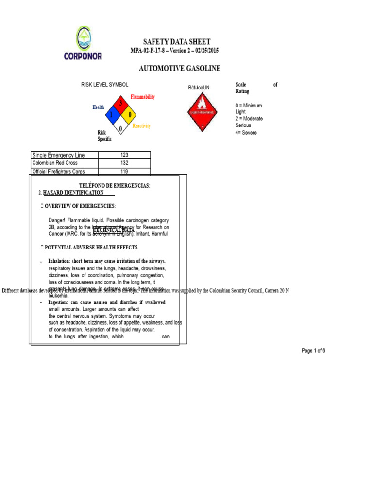 Safety Data Sheet For Gasoline | PDF | Gasoline | Combustion