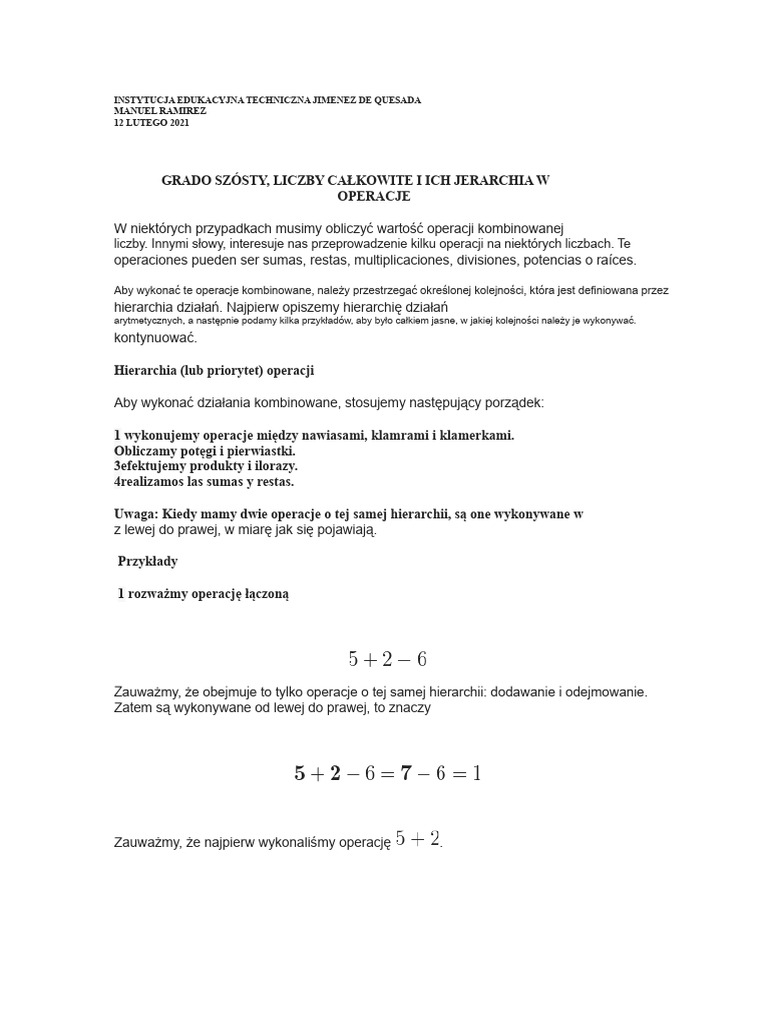 Liczby Całkowite, Hierarchia Działań | PDF