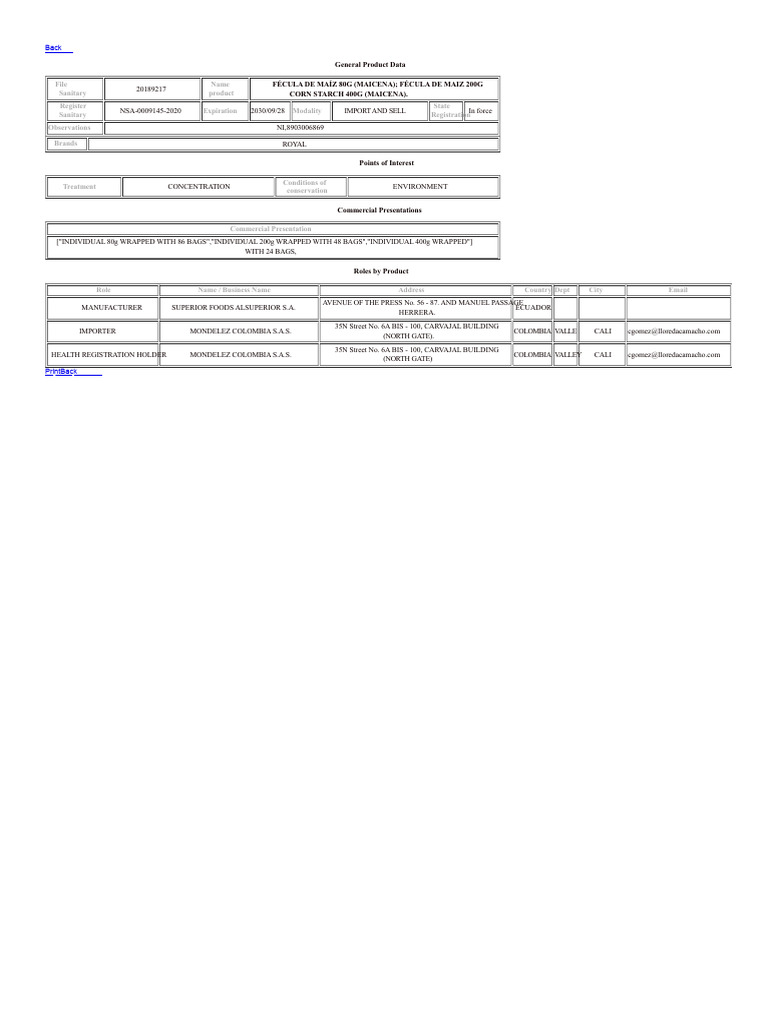 Health Registration Maicena | PDF | Colombia | Maize