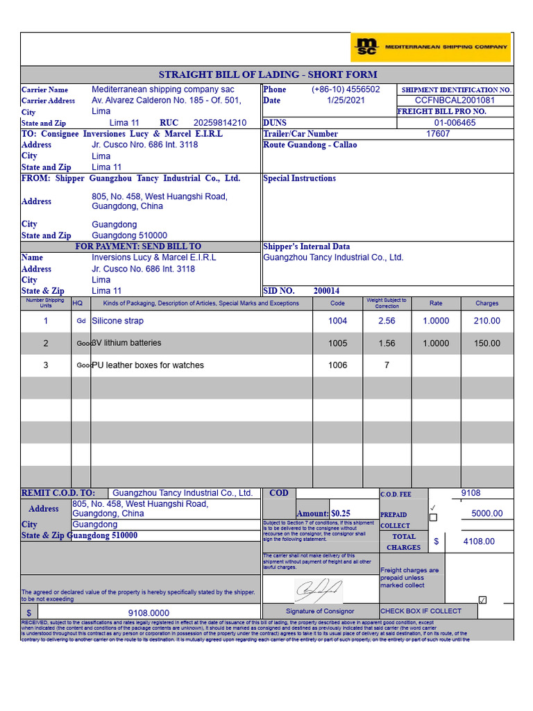 Short Form Straight Bill of Lading | PDF | Cargo | Bill Of Lading