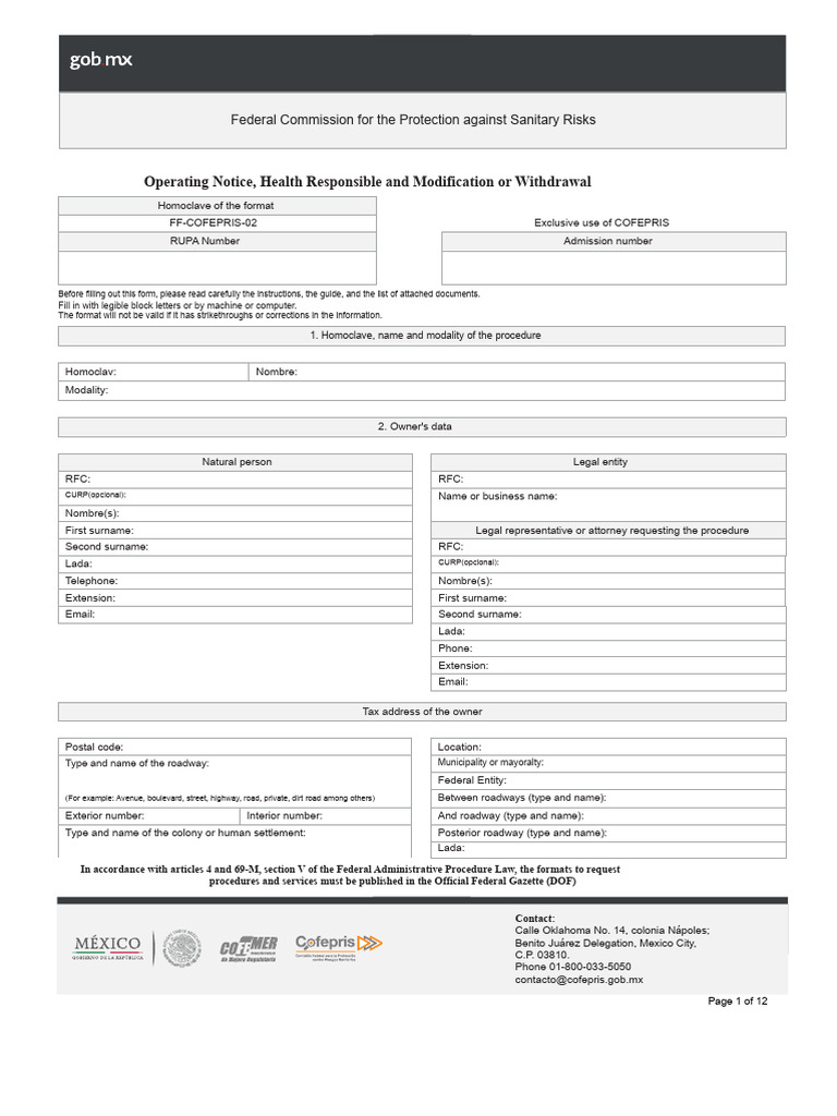Notice of Operation, Sanitary Responsible Person, and Modification or ...