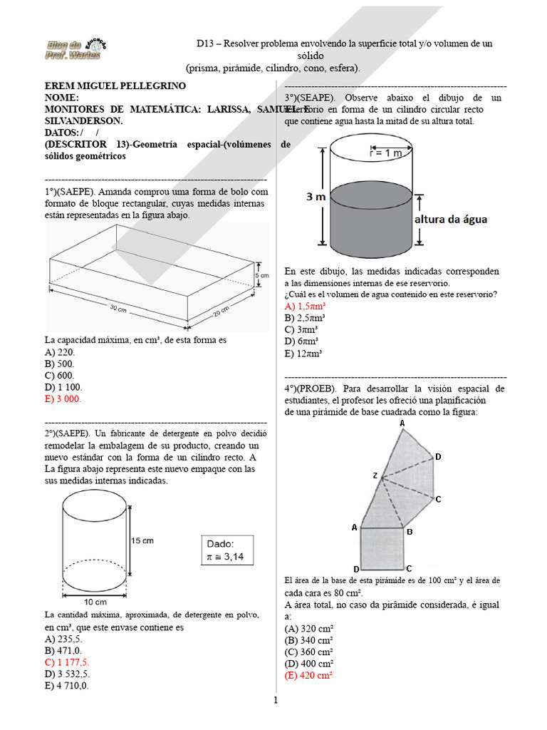 Volumen y área de sólidos geométricos | PDF | Volumen | Objetos geométricos
