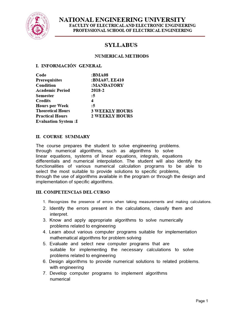 Syllabus of Numerical Methods | PDF | Numerical Analysis | Engineering