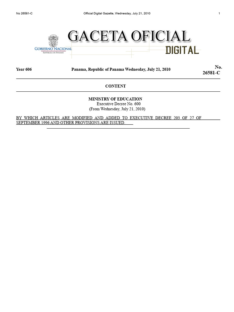 Panama Executive Decree No. 600 Update | PDF | Legal Documents | Justice