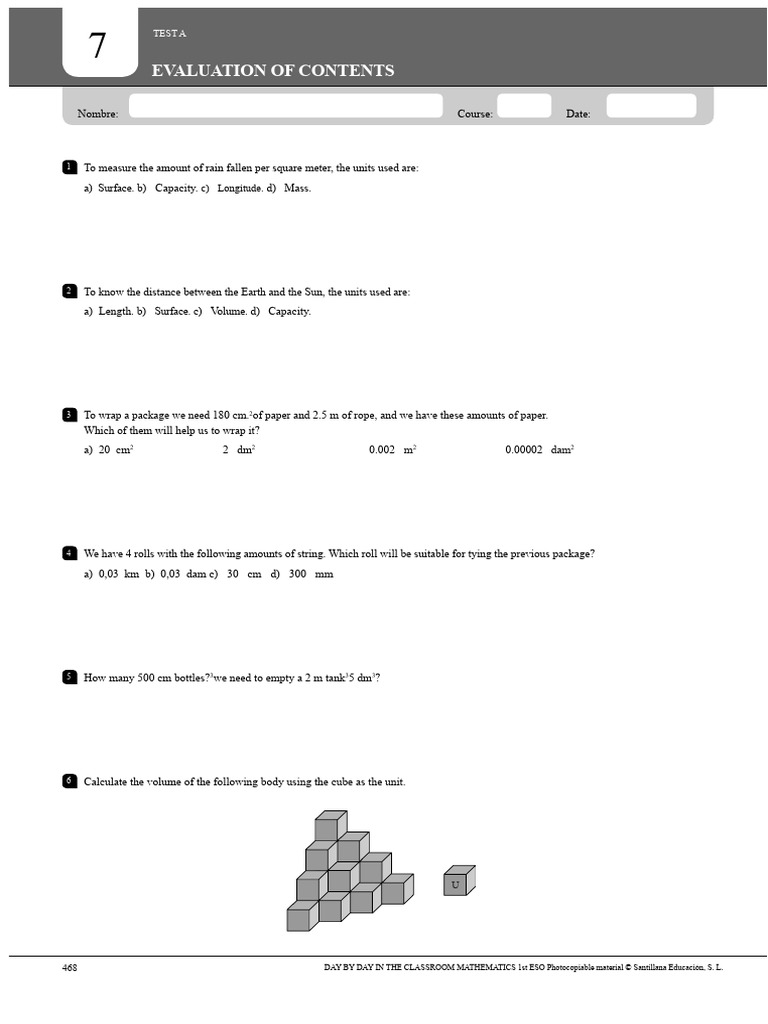 Unit 7 Exam Mathematics 1 ESO - Santillana | PDF