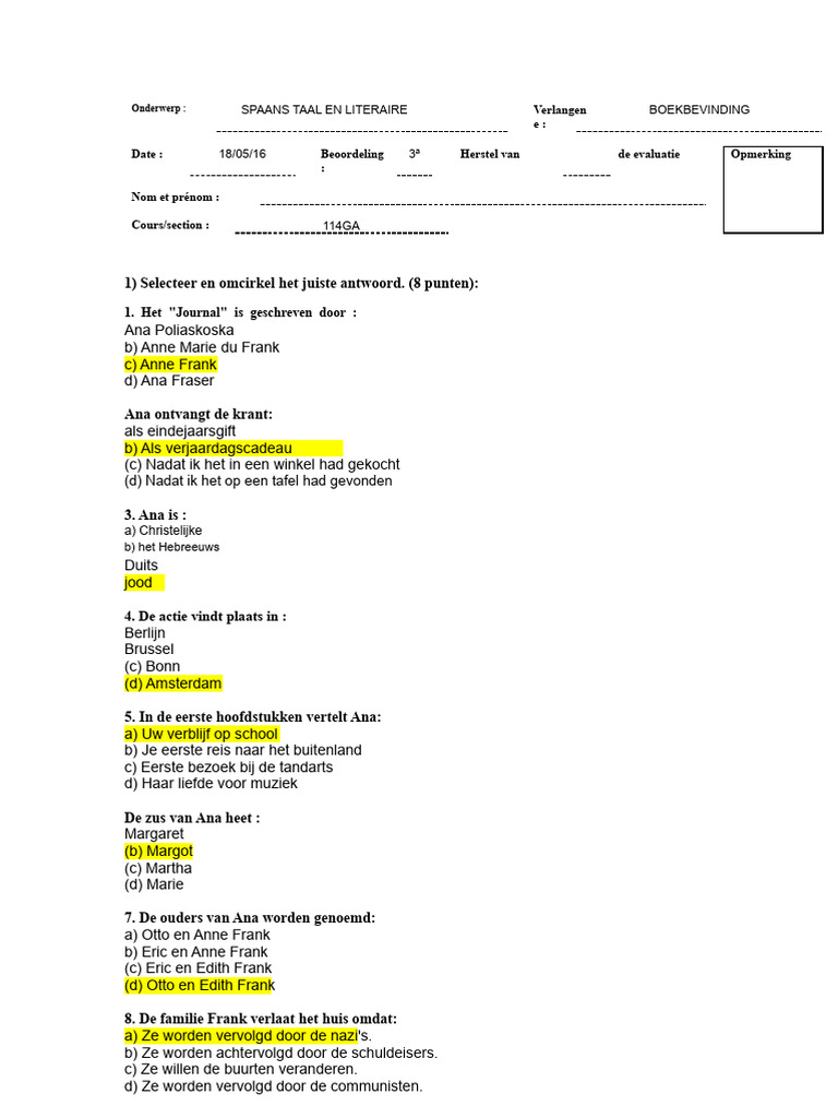 Examen Anne Frank Met Oplossingen | PDF