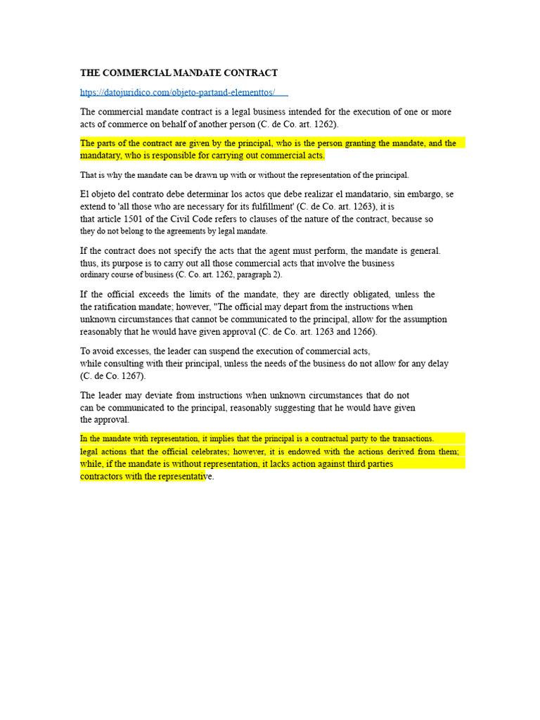 The Commercial Mandate Contract | PDF | Power Of Attorney | Common Law