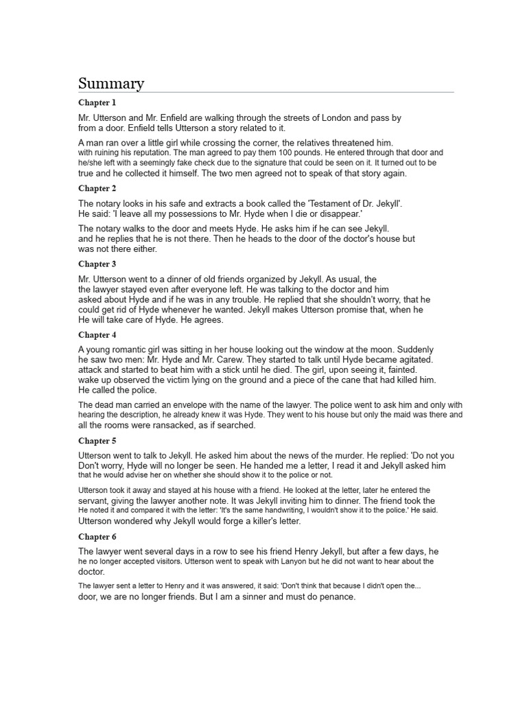 "Summary of Jekyll and Hyde Chapters" | PDF | Dr. Jekyll And Mr. Hyde ...