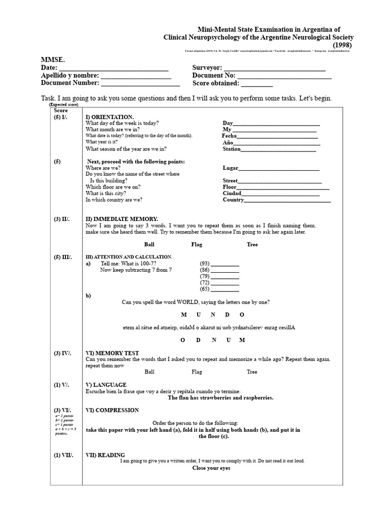 Mini-Mental State Examination Argentina | PDF | Behavioural Sciences ...