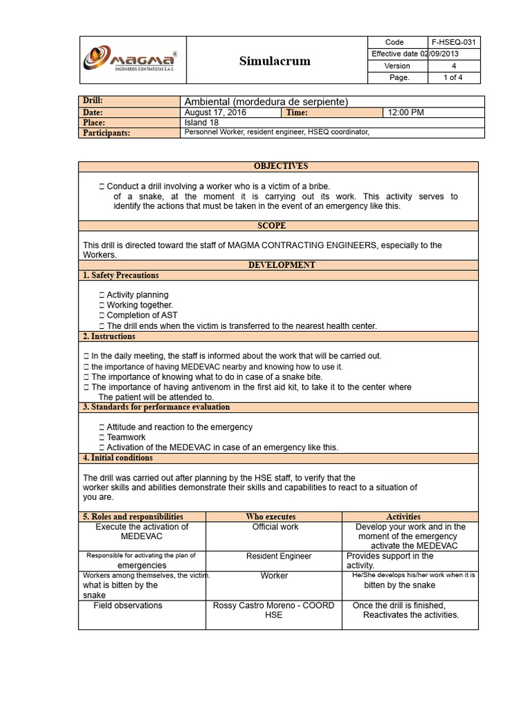 Snake Bite Emergency Drill Procedures | PDF