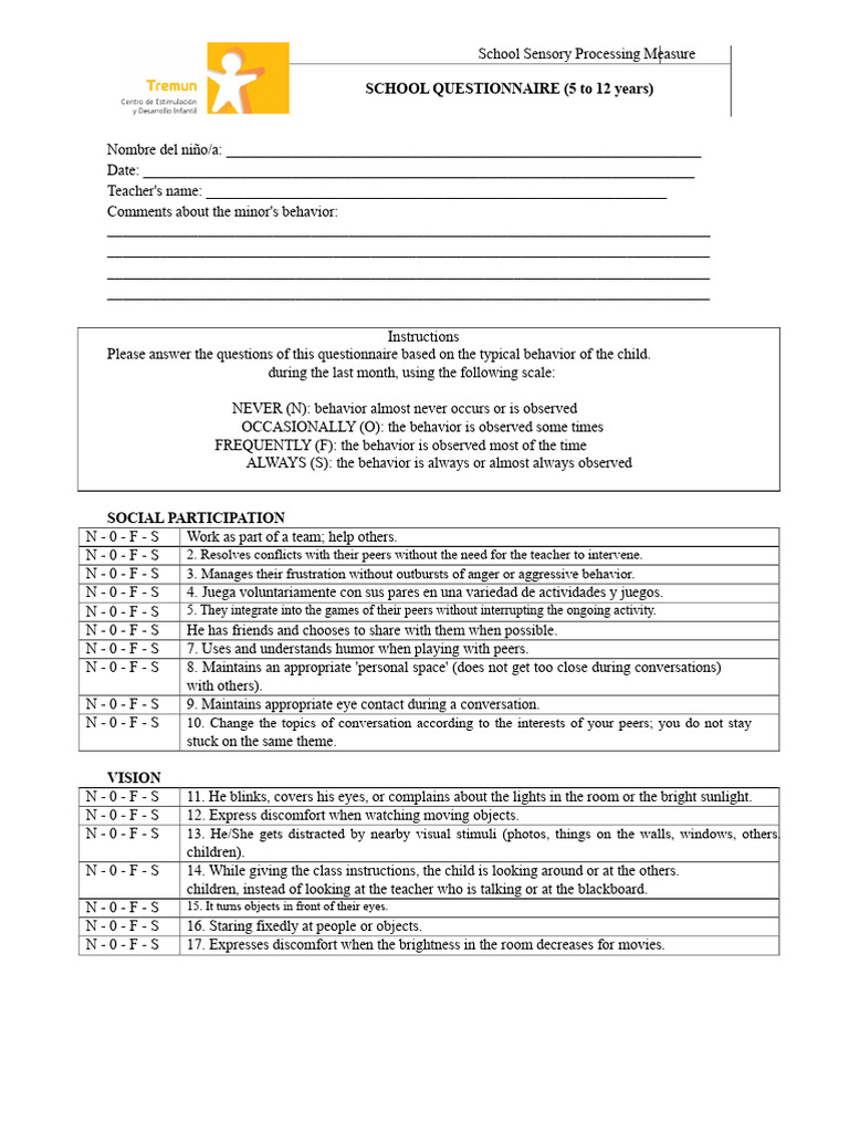 Sensory Processing Measure SCHOOL 5 - 12 Years | PDF | Perception ...