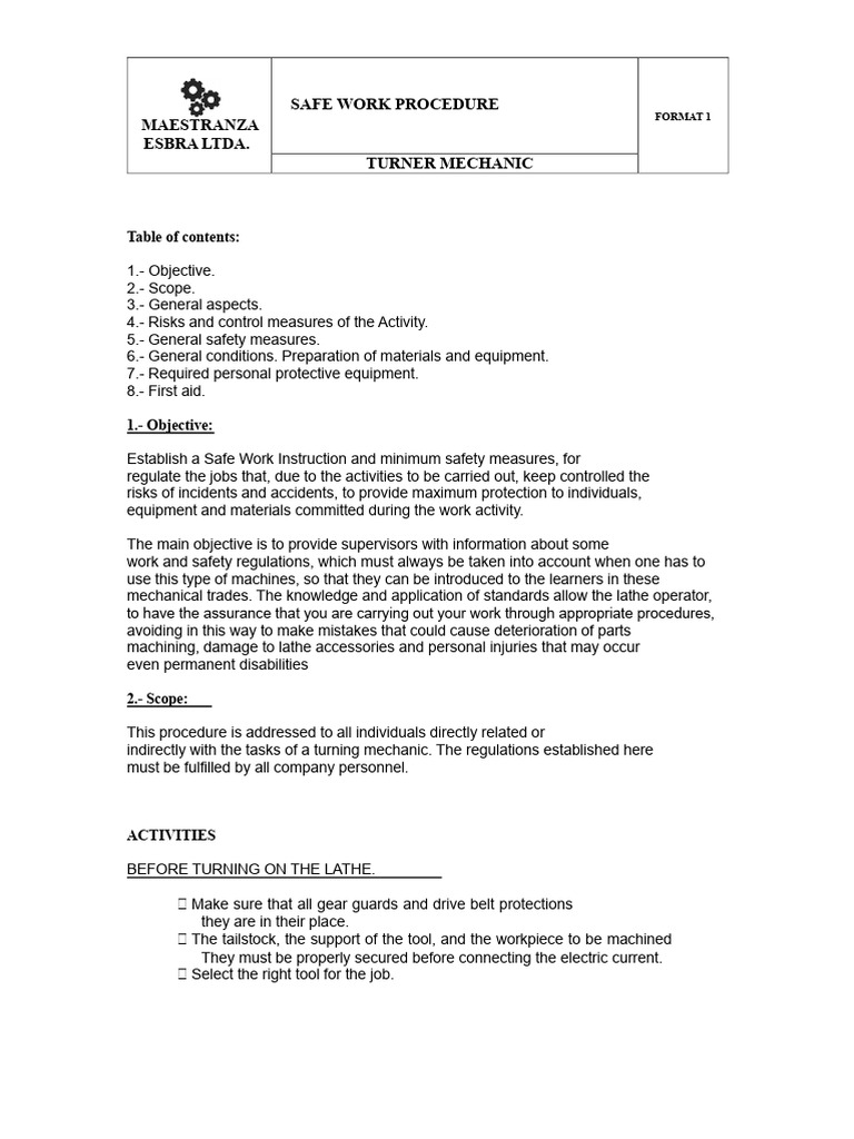 Safe Work Procedures for Turning Mechanics | PDF | Mechanical Engineering