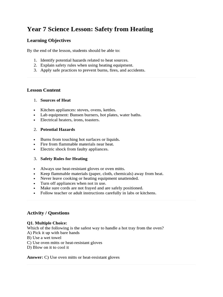 Year 7 Science Lesson Safety From Heating | PDF