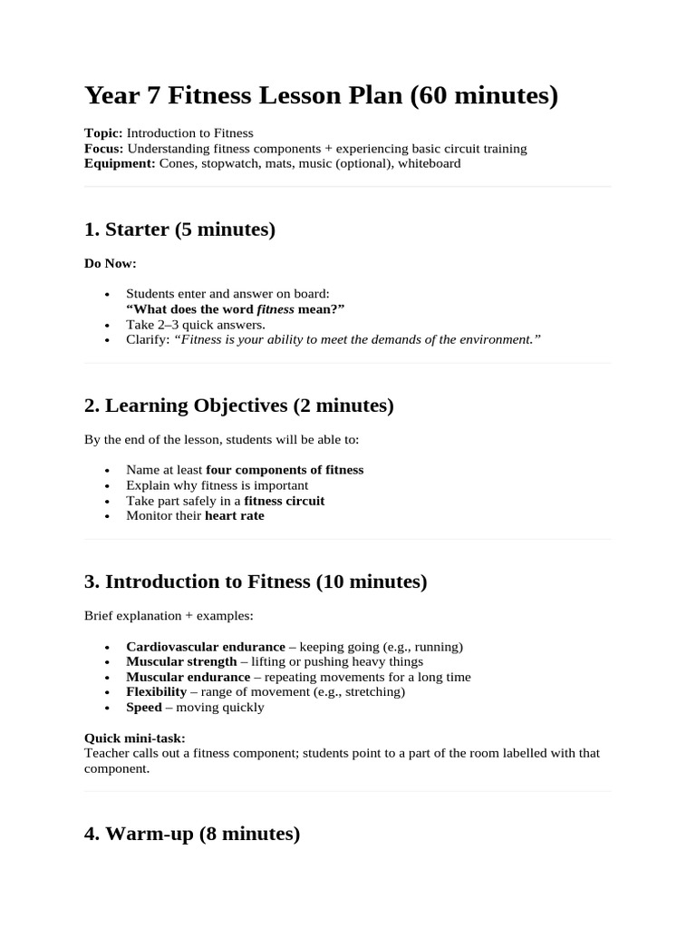 Year 7 Fitness Circuit Lesson Plan | PDF | Heart Rate
