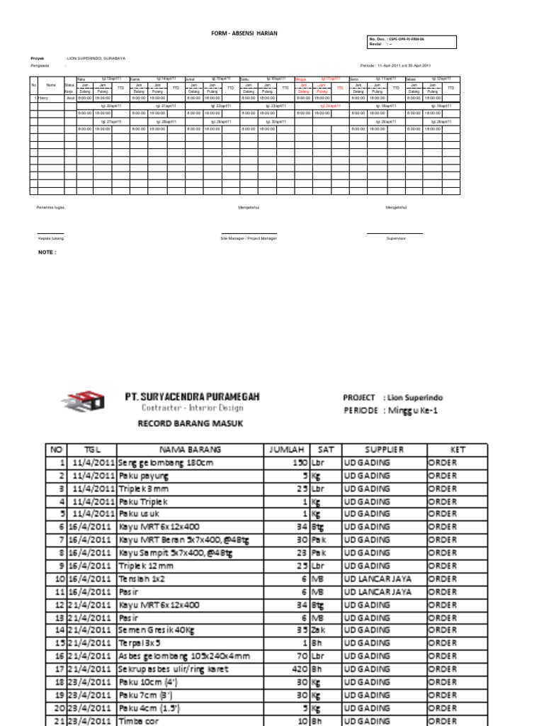Rekap Nota Bon Surat Jalan Material | PDF