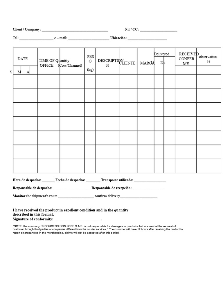 Shipment Receipt and Confirmation Form | PDF