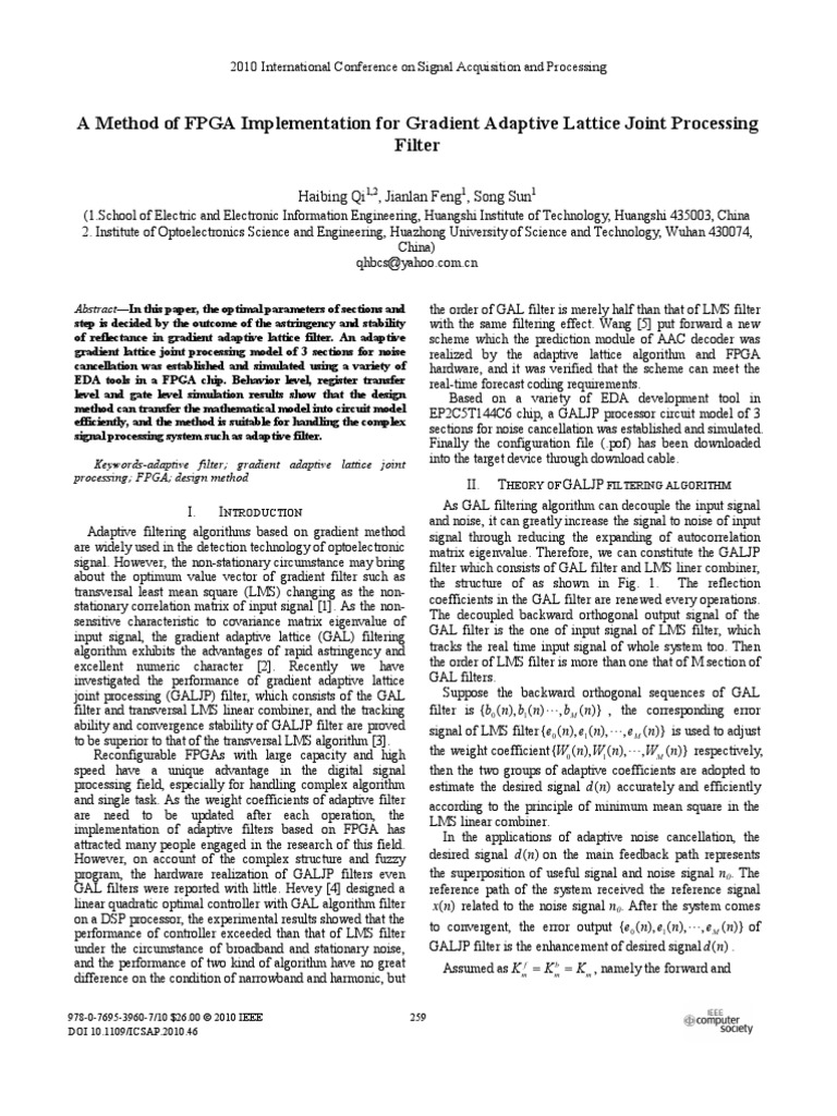 A Method Of Fpga Implementation For Gradient Adaptive Lattice Joint Processing Filter Pdf