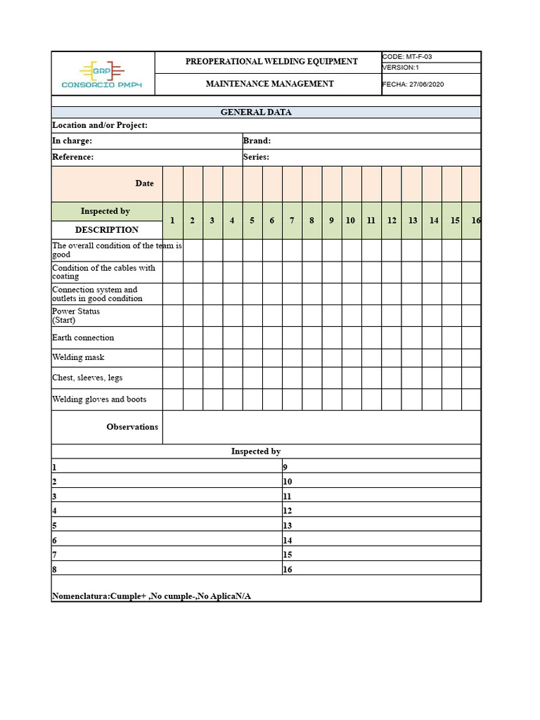 Welding Equipment Inspection Format | PDF