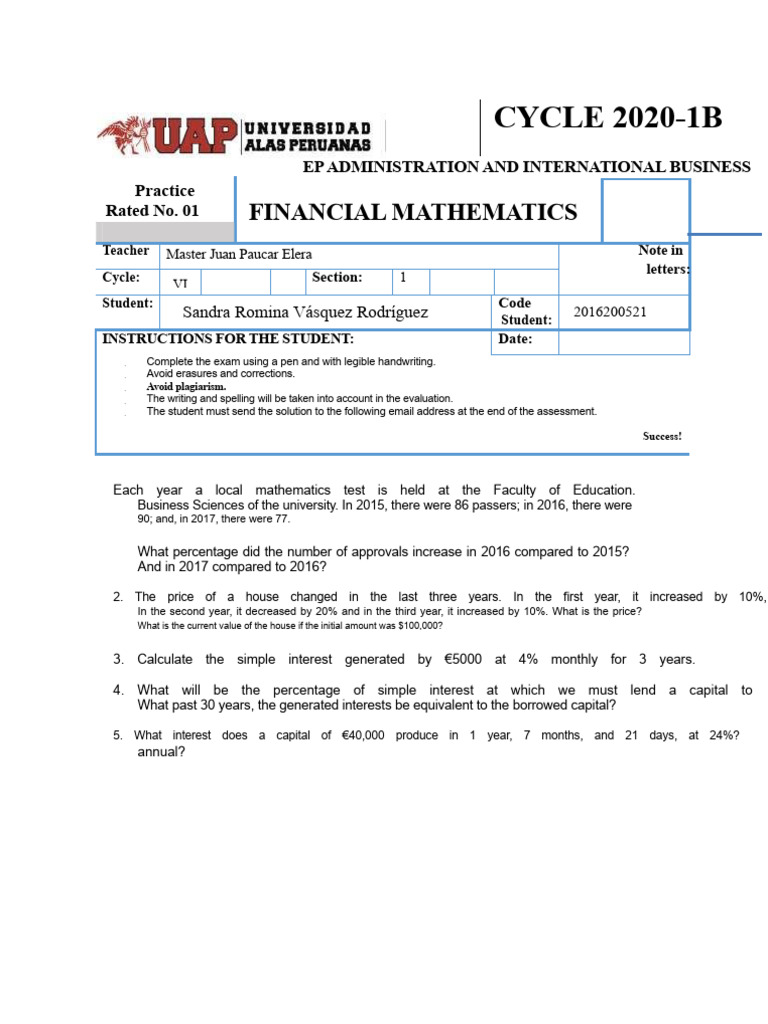 Financial Mathematics Exam Practice | PDF | Interest