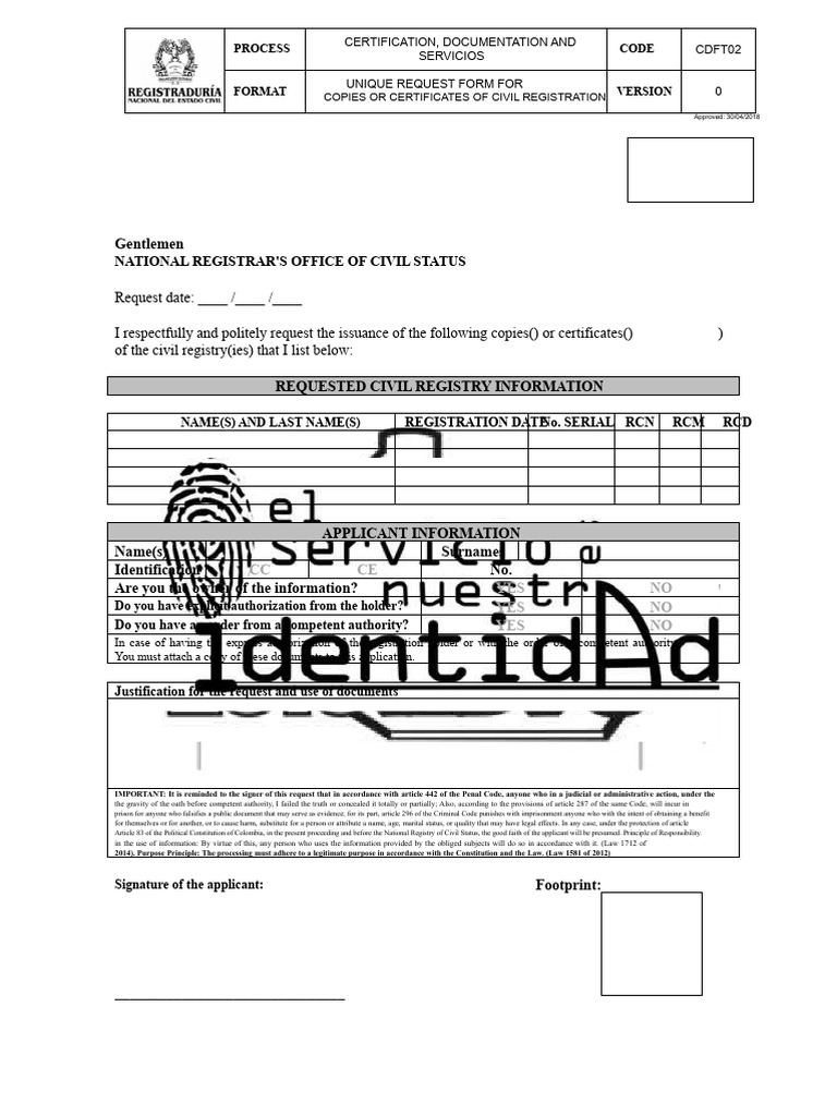 Civil Registration Request Form | PDF | Legal Documents | Common Law