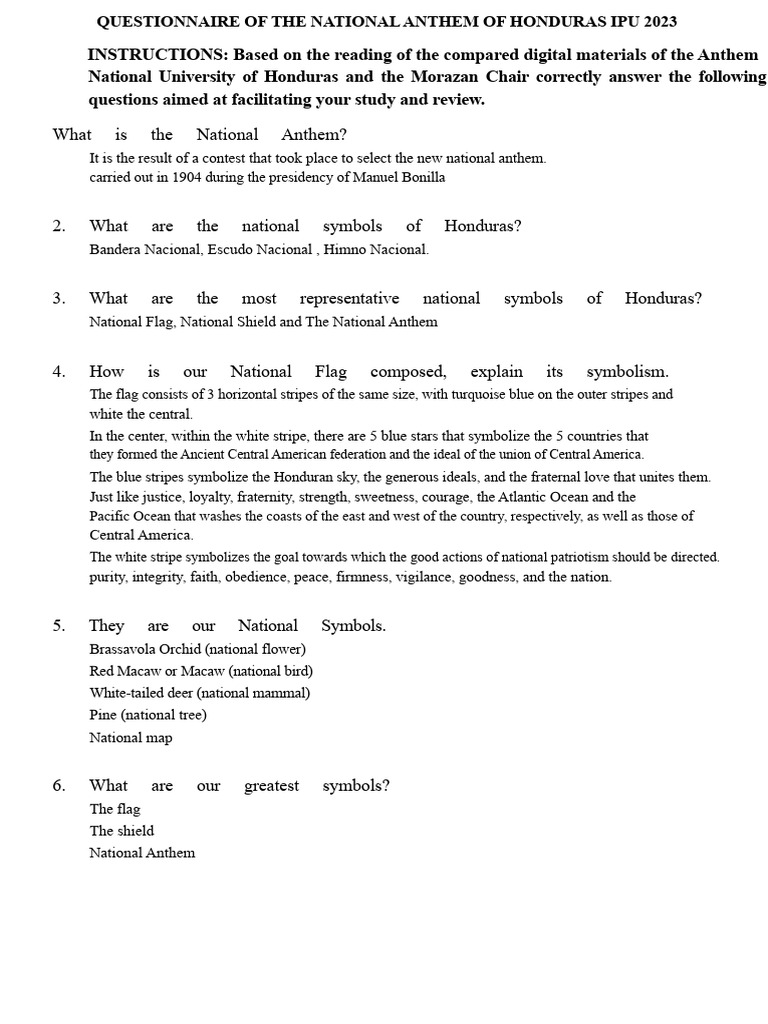 Honduras National Anthem Questionnaire 2023 | PDF | Honduras
