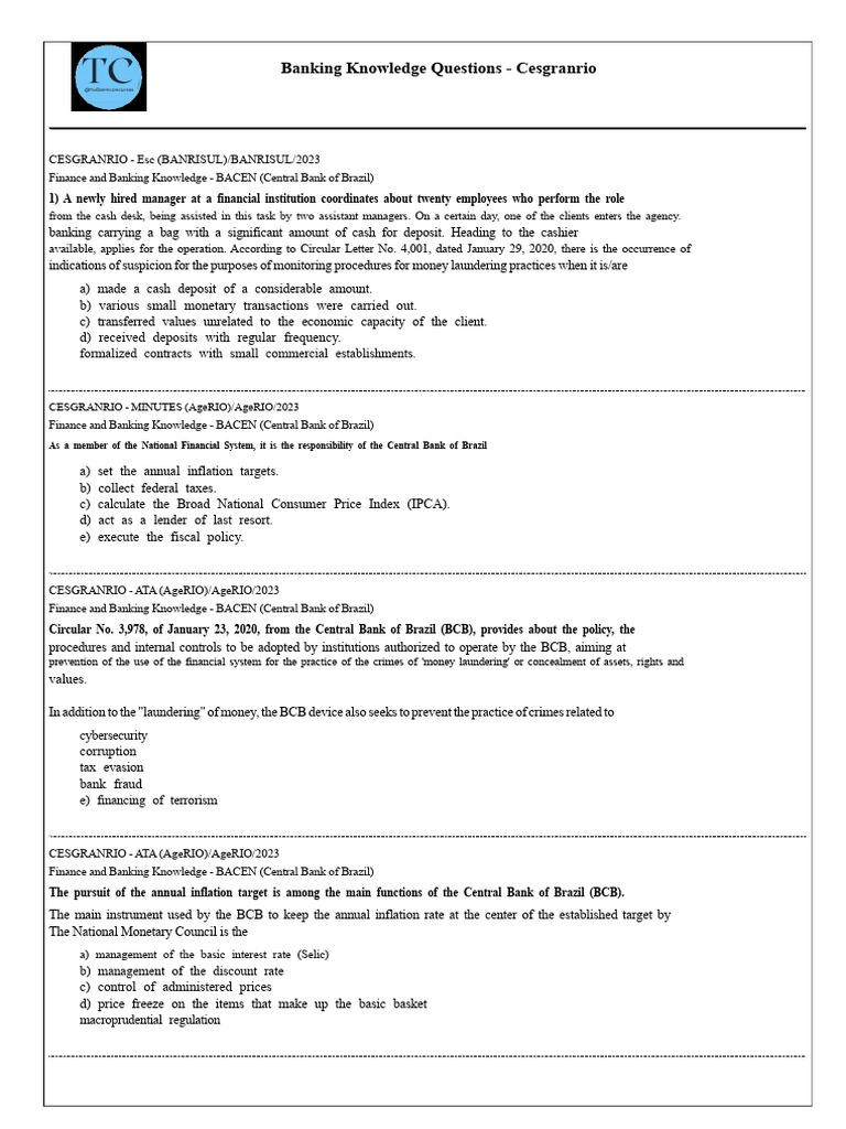 24 Banking Knowledge Questions Cesgranrio | PDF | Banks | Central Banks